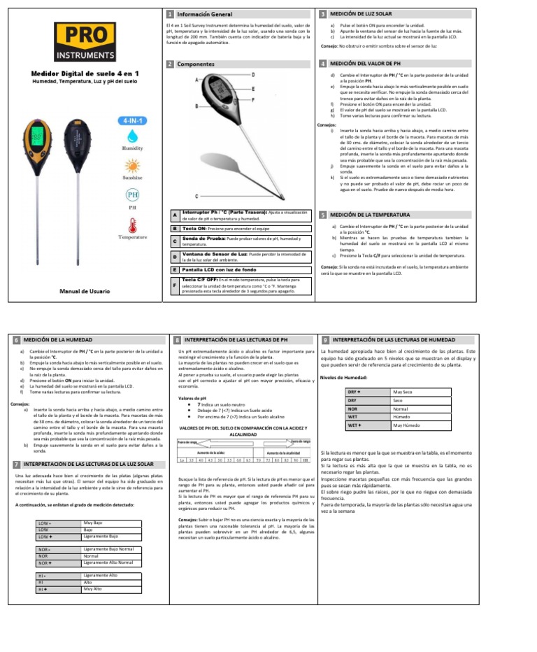 PRO INSTRUMENTS Medidor Digital Suelo | PDF | Ph | Temperatura