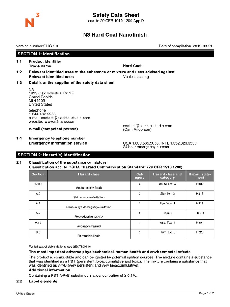 N3 Hard Coat Nanofinish SDS Sheet | PDF