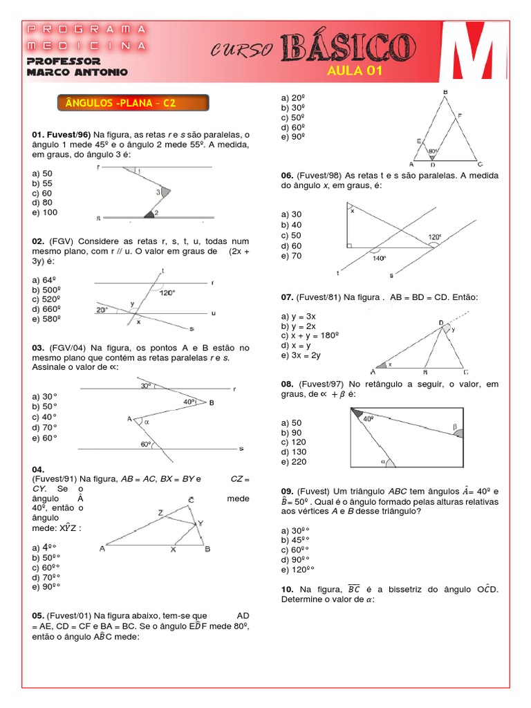 Aula 01 Plana Ângulos 2020 Básico Cursinho e Matemática | PDF ...