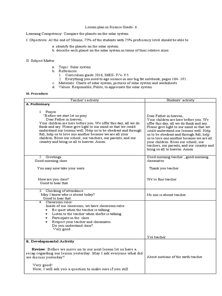 Lesson Plan in Science 6 | PDF | Planets | Solar System