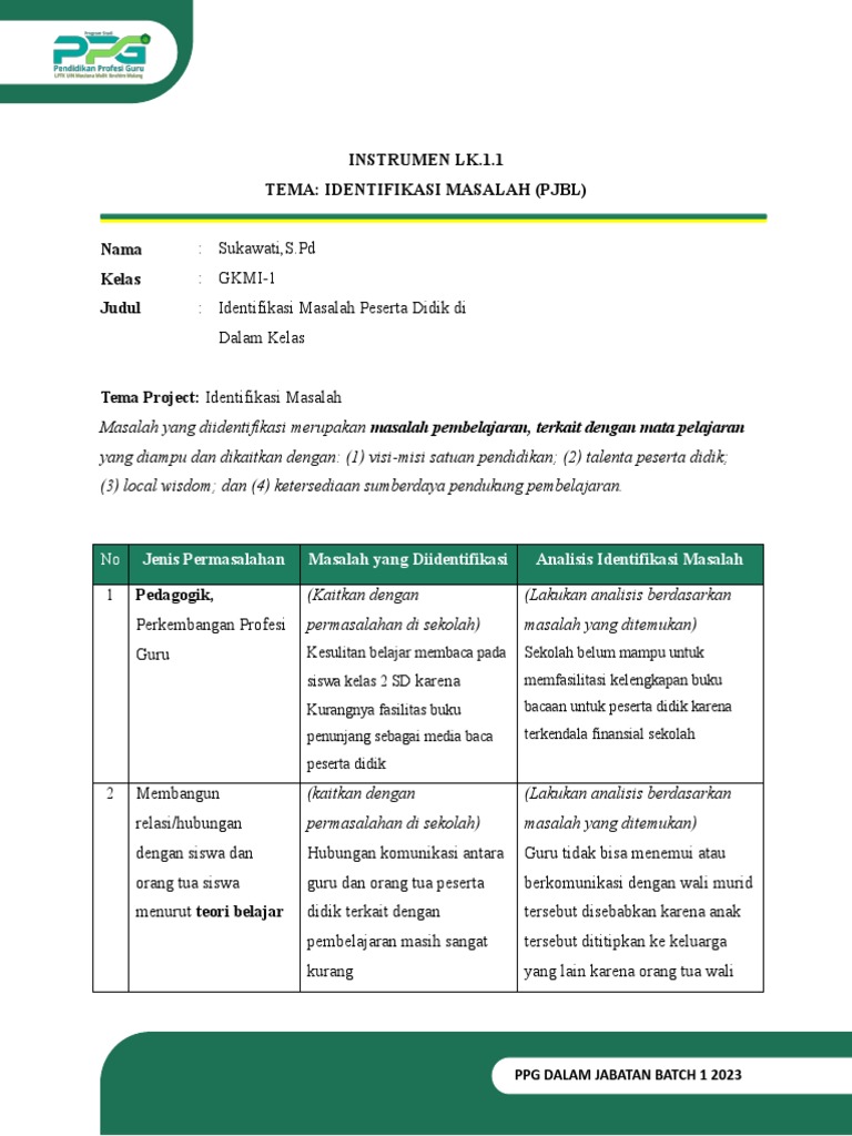 Instrumen LK 1.1 - Identifikasi Masalah (Modul Pedagogi 1 - PJBL) | PDF