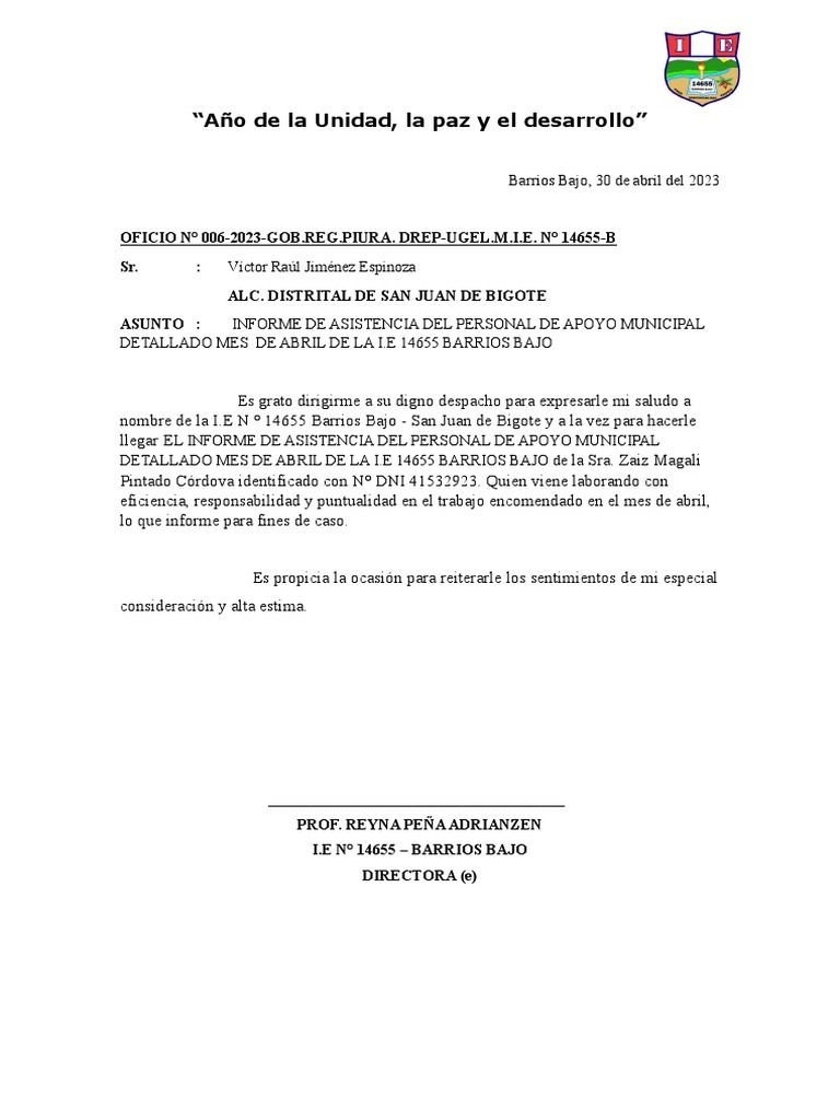 Oficio y Informe Por La Direccion 2023 Personal de Apoyo | PDF