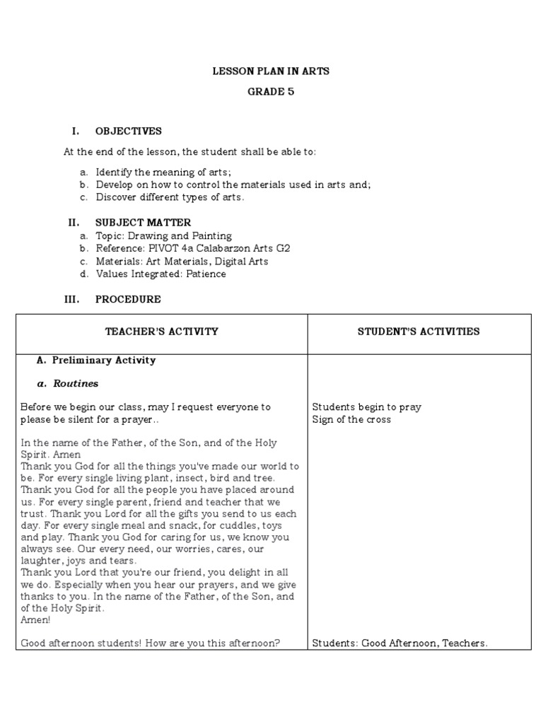 Grade 5 Arts Lesson Plan: Drawing & Painting | PDF | Sculpture | The Arts