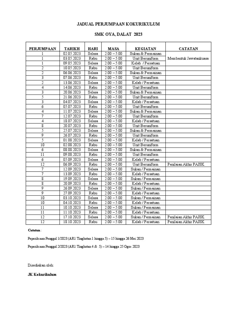 6. Jadual Perjumpaan Kokurikulum 2023 | PDF