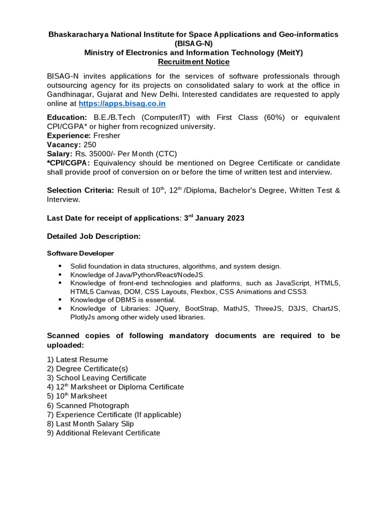 BISAG-N Software Developer Recruitment | PDF