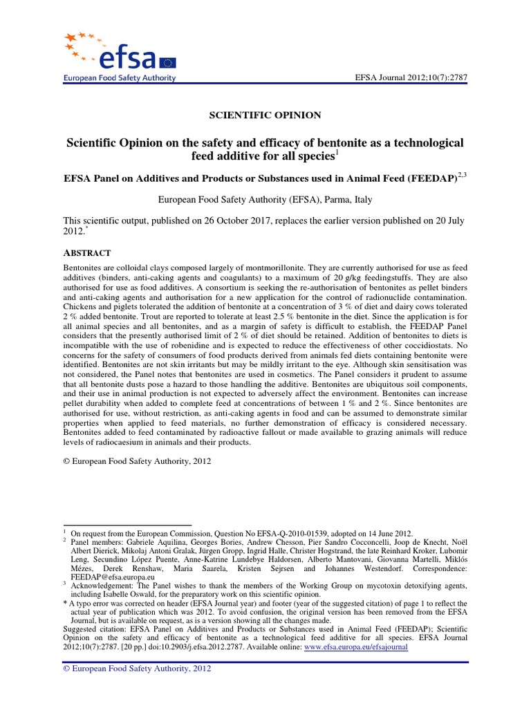 EFSA Journal - 2012 - Scientific Opinion On The Safety and Efficacy of Bentonite As A ...