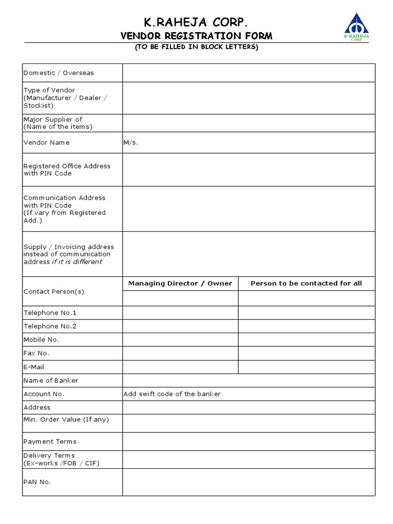 Printable Vendor Registration Form Template | PDF | Taxes | Service ...