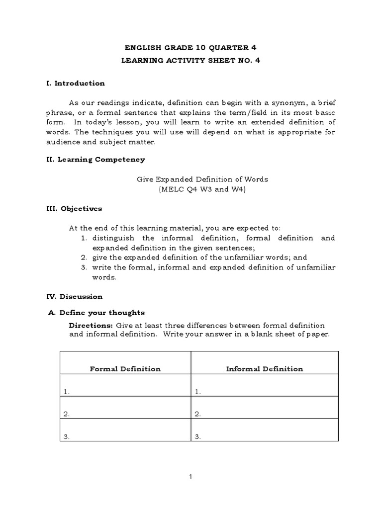 Eng Q4 G10 Las 4 | PDF | Definition | Word