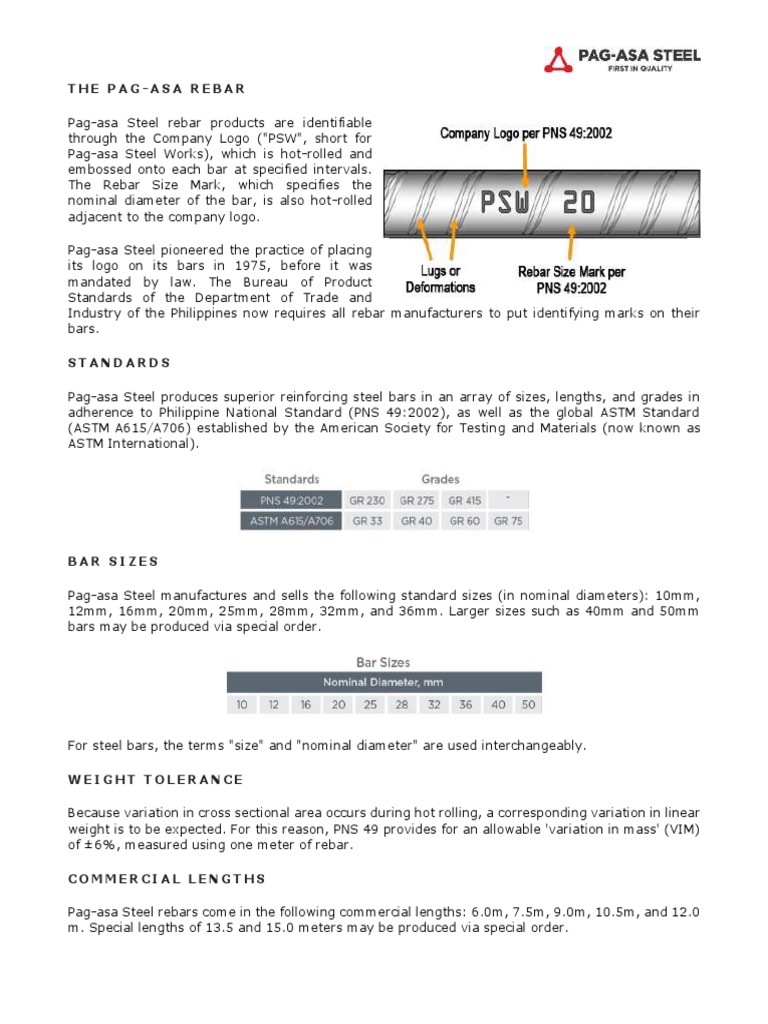 Pag-asa Steel Rebar Sizes and Standards | PDF | Physical Sciences ...
