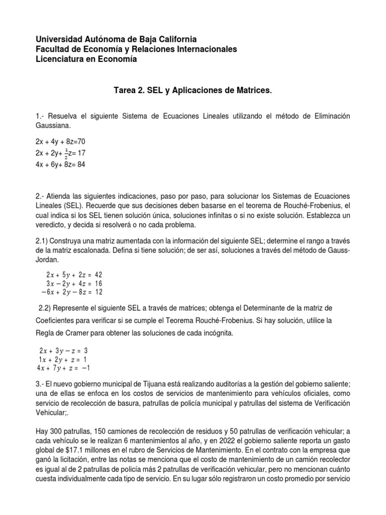 2023-1 Tarea 2 - SEL y Aplicaciones de Matrices | PDF | Matriz (Matemáticas) | Matemáticas Aplicadas