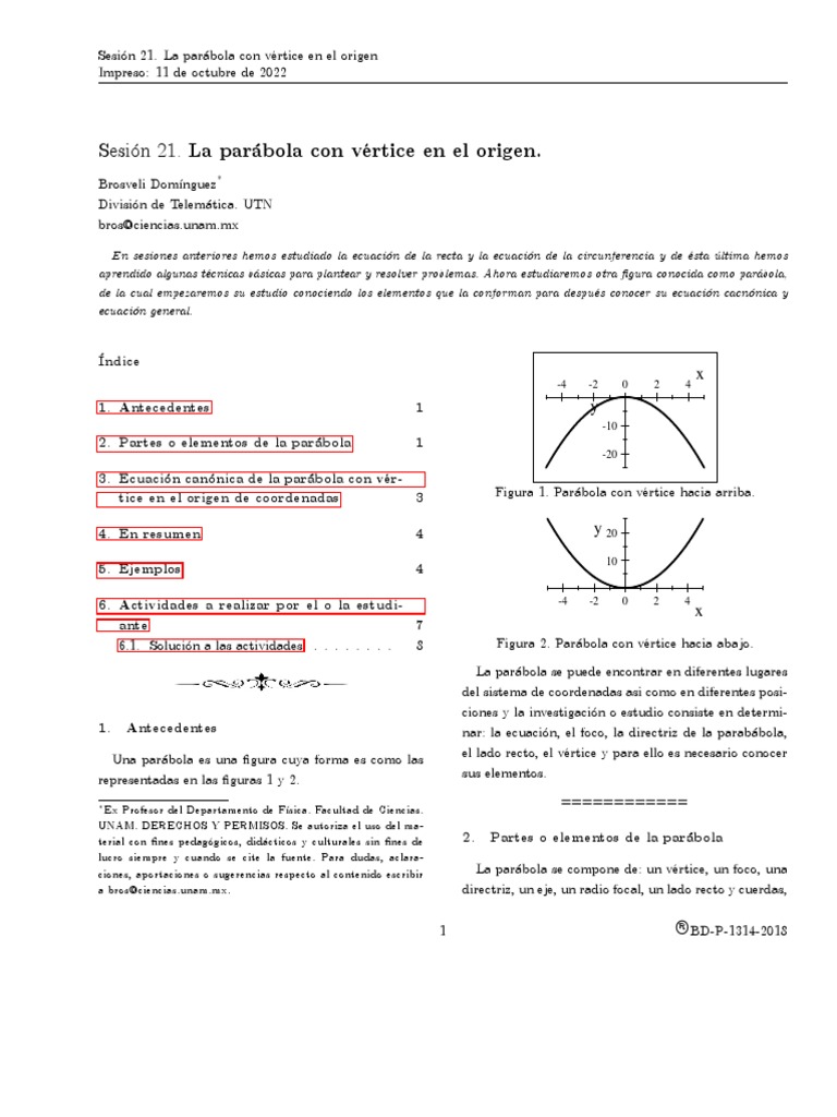 Sesion 21 La Parabola en Origen | PDF | Geometría del plano euclidiano ...