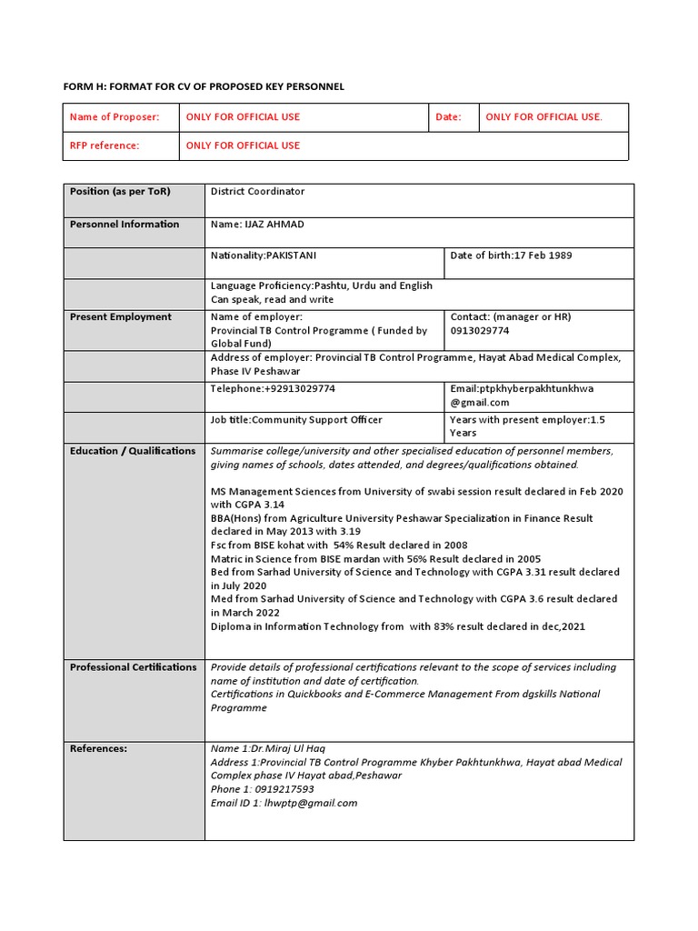 CV Format for Key Personnel Submission | PDF