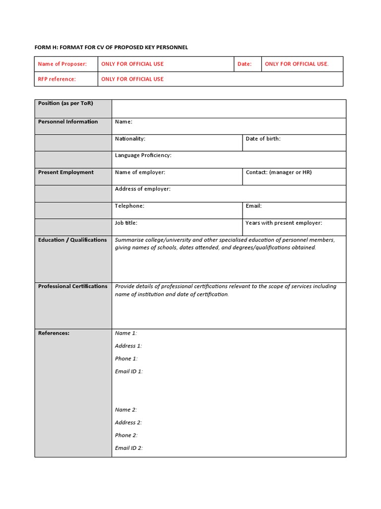 Form H-I Format For CV of Proposed Key Personnel | PDF