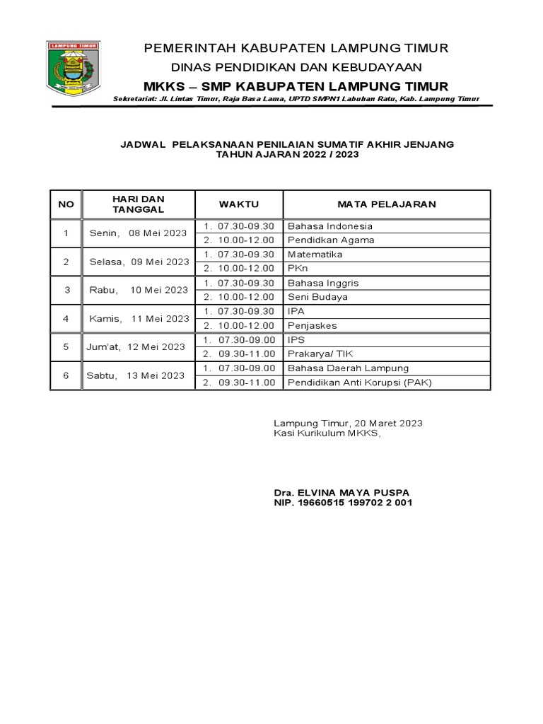 Jadwal Penilaian Sumatif Akhir Jenjang | PDF Jadwal Penilaian Sumatif Akhir Jenjang | PDF