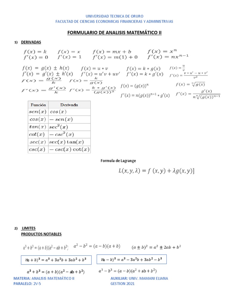 Formulario de Analisis Matemático I1 | PDF | Ecuaciones | Integral