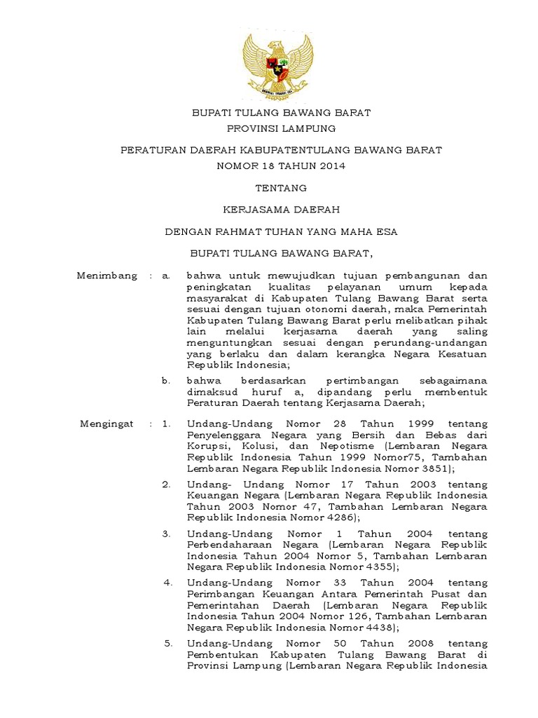 Perda NMR 18 TTG Kerjasama Daerah | PDF