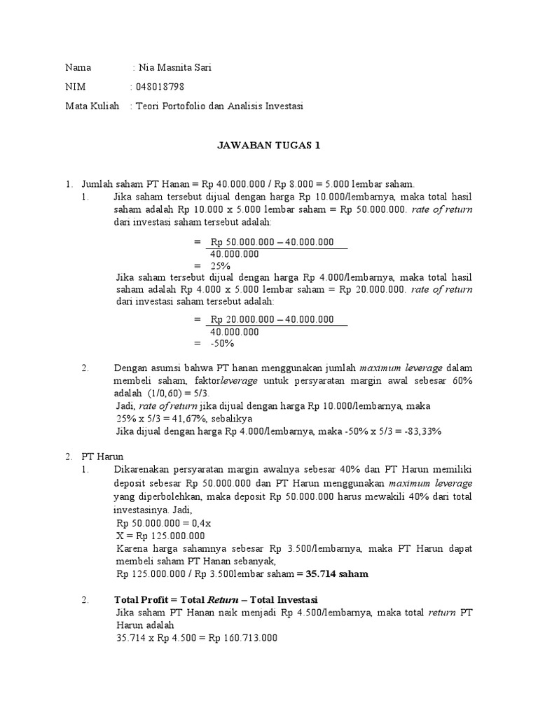 Tugas 1 Teori Portofolio & Analisis Investasi - Universitas Terbuka | PDF