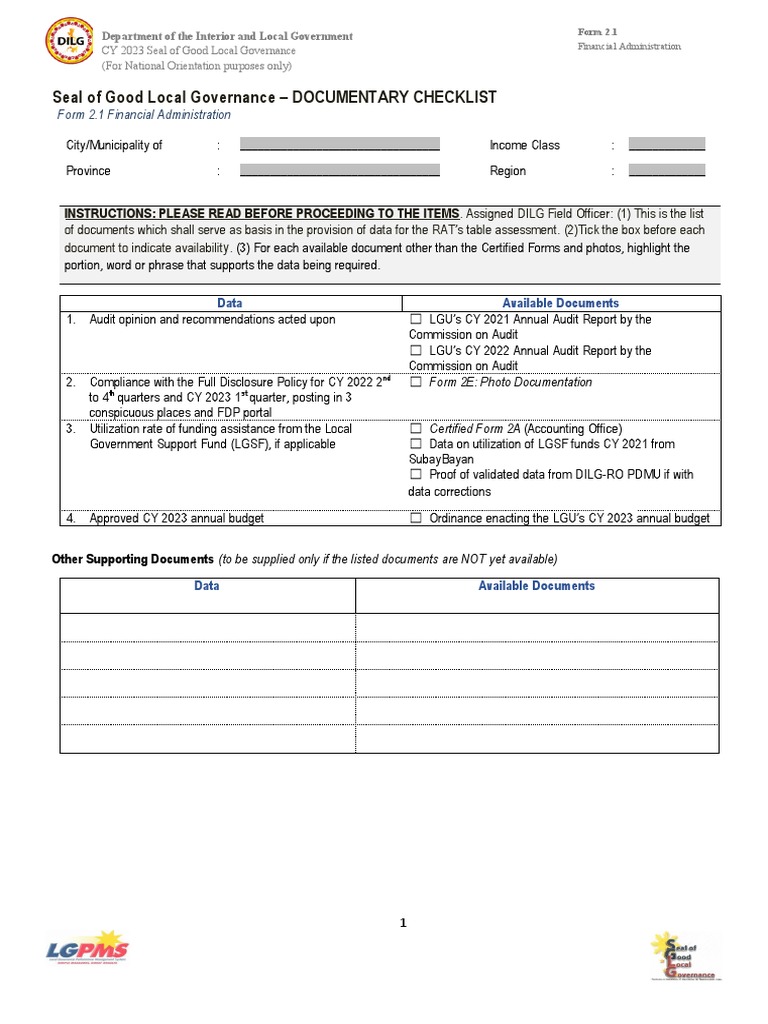 Draft CM - P - Form 2.1 2.10 SGLG Documentary Checklist - National Orientation | PDF | Audit ...