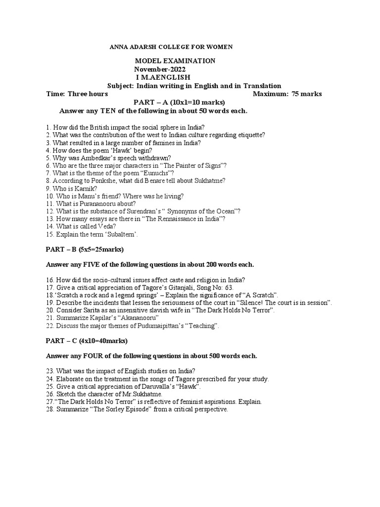 IWE - MODEL QUESTION PAPER 1st MA NOVEMBER 2022 | PDF | Language Arts ...