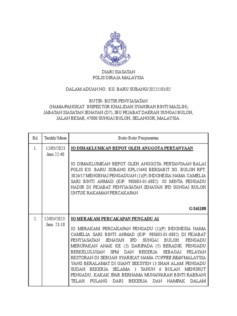 Template Diari Siasatan | PDF