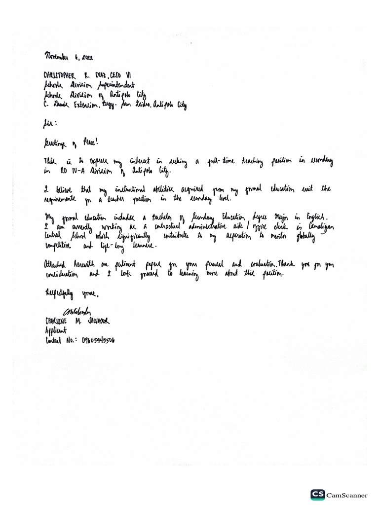Handwritten Application Letter RO IV-A Antipolo City | PDF