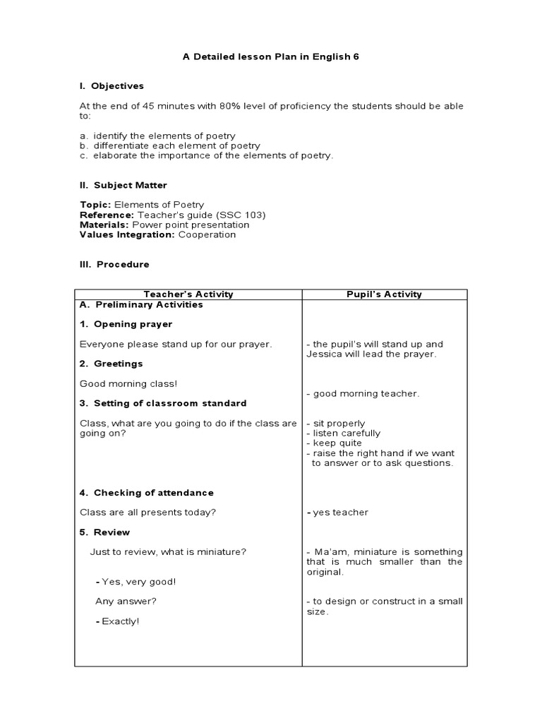 Detailed Lesson Plan: Elements of Poetry | PDF | Lesson Plan | Teachers
