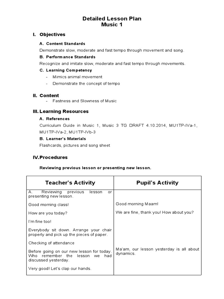 Detailed Lesson Plan Music 2 | PDF