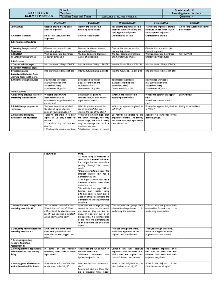 Grade 6 DLL Science 6 q4 Week 3 | PDF | Apparent Magnitude | Stars