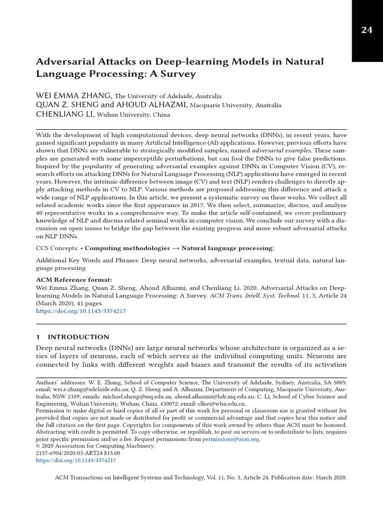 Adversarial Attacks On Deep-Learning Models in Natural Language Processing: A Survey | PDF ...