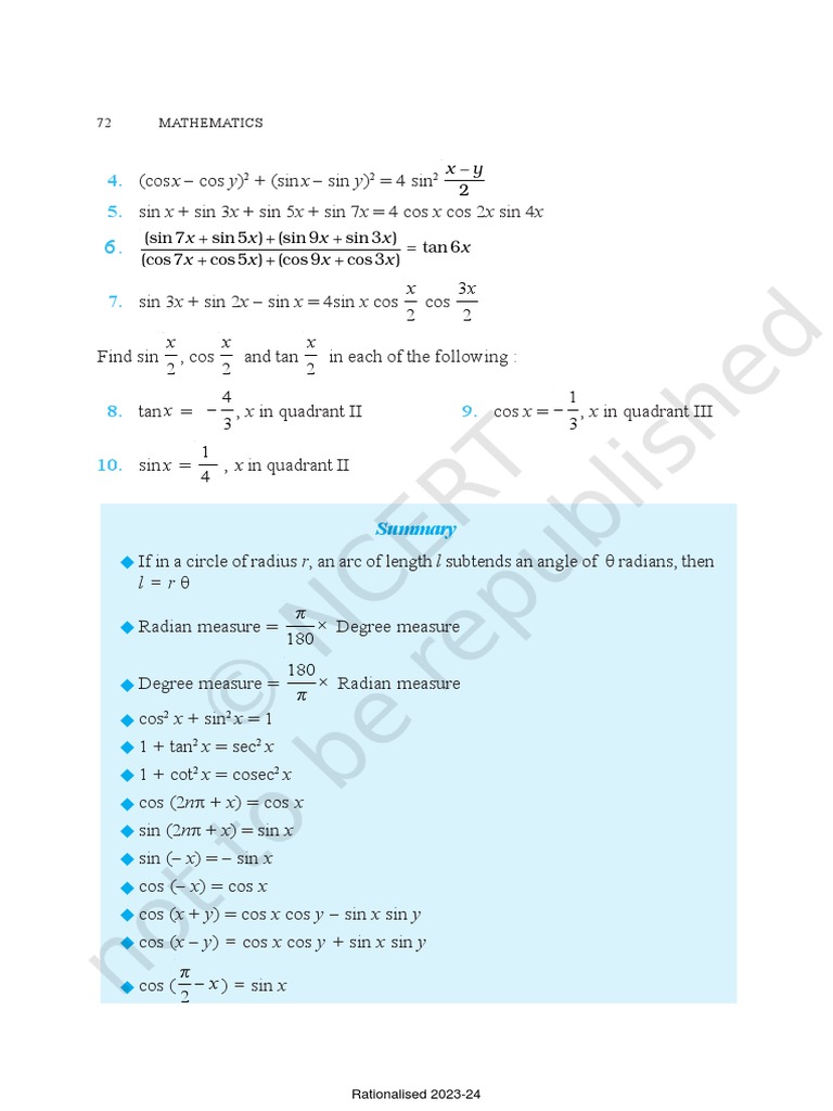 Trigonometric Functions Class 11 Cbse Summary | PDF | Trigonometric Functions | Mathematical ...