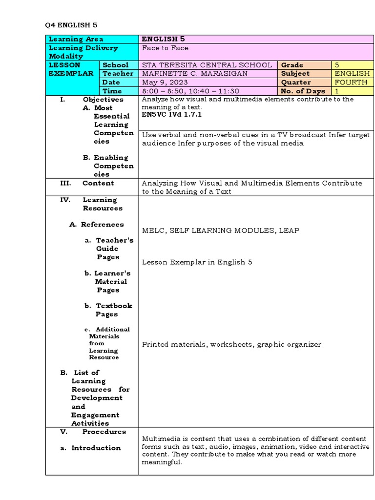 Eng 5 - idea-exemplar-MAY 9 | PDF | Multimedia | Learning