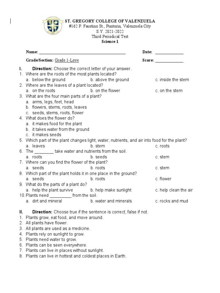 Grade 1 Exam (Science) | Download Free PDF | Root | Plants