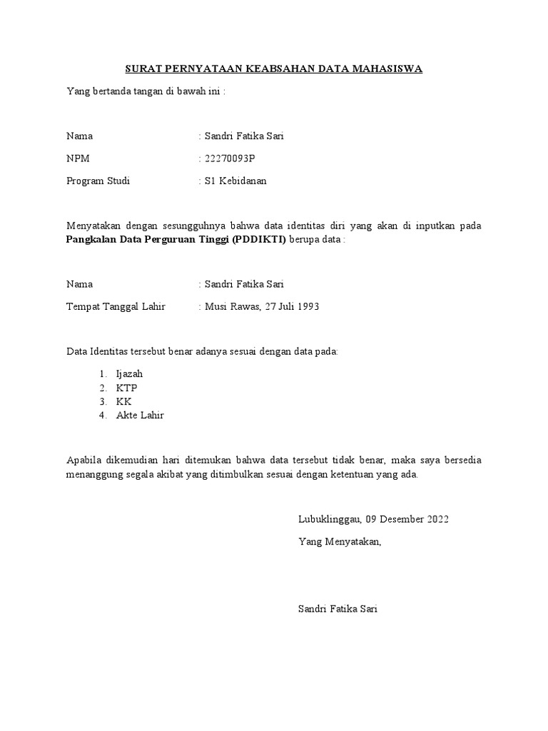 Surat Pernyataan Keabsahan Data Mahasiswa | PDF