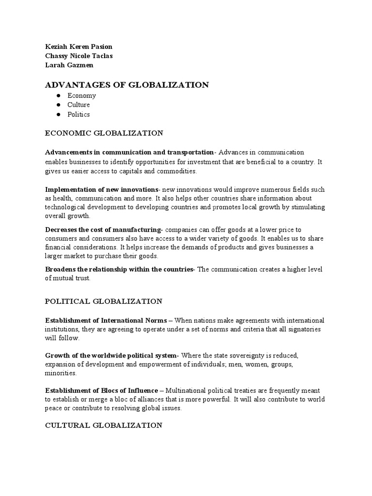 Advantages of Globalization | PDF | Globalization | Economic Growth