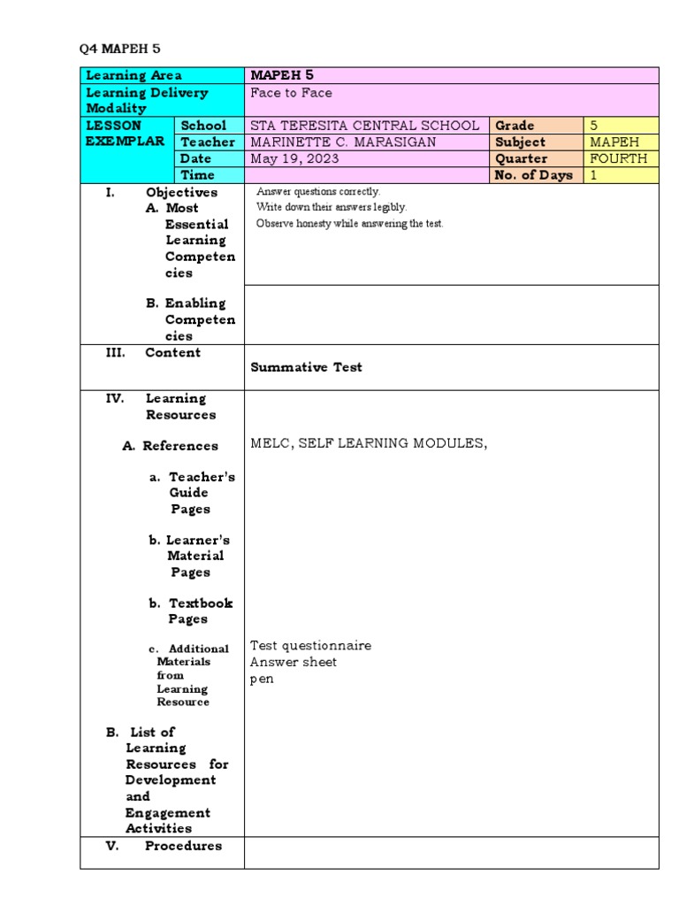 Mapeh 5 - Idea-Exemplar-May 19 | PDF | Teachers | Pedagogy