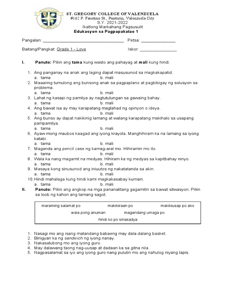 Grade 1 Exam (ESP) | PDF