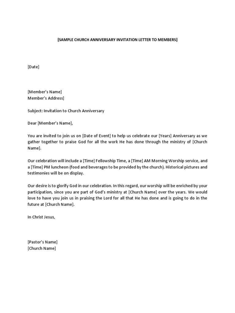 Church Anniversary Invitation Letter To Members | PDF