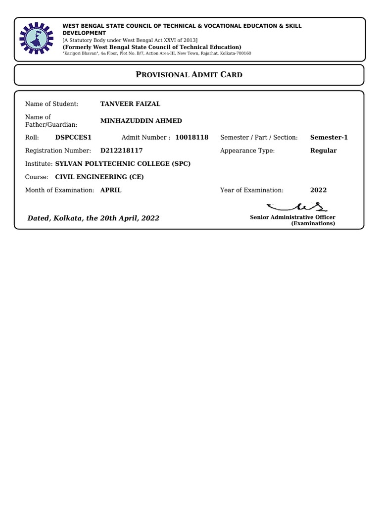 Admit Card SPC | PDF