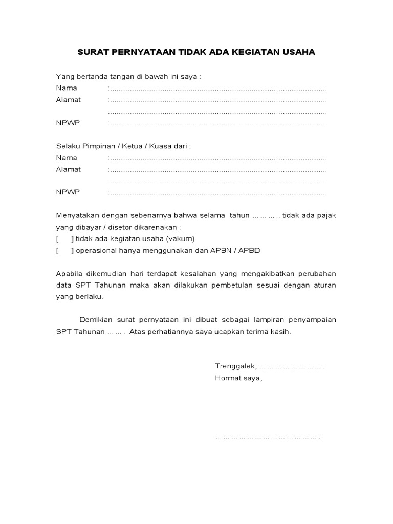 Surat Pernyataan Tidak Ada Kegiatan Usaha | PDF