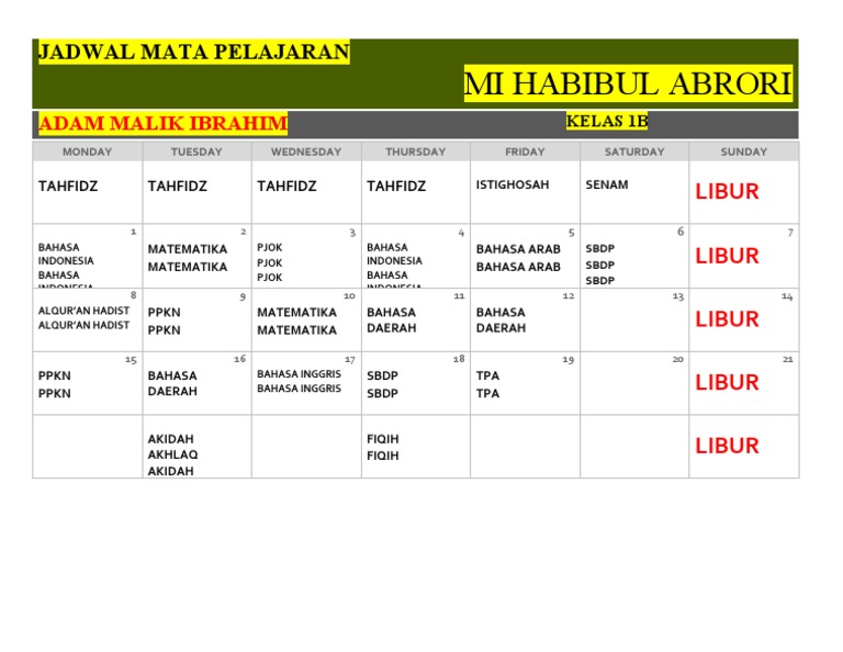 Contoh JADWAL MATA PELAJARAN MI | PDF