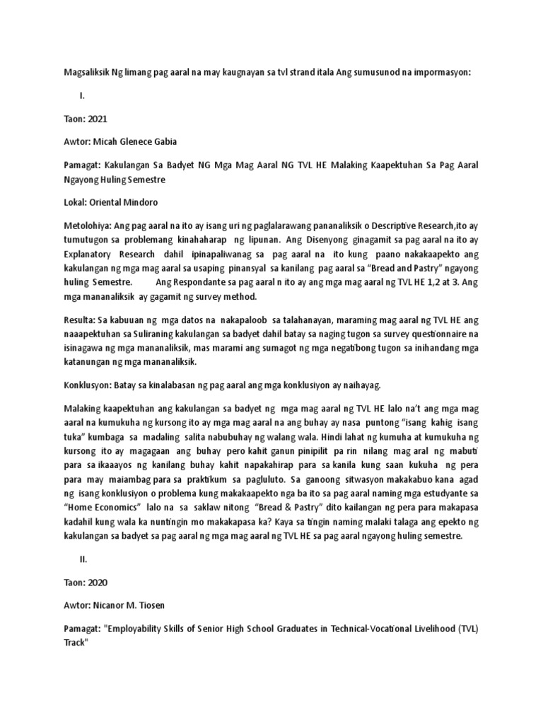 Magsaliksik NG Limang Pag Aaral Na May Kaugnayan Sa TVL Strand Itala Ang Sumusunod Na ...