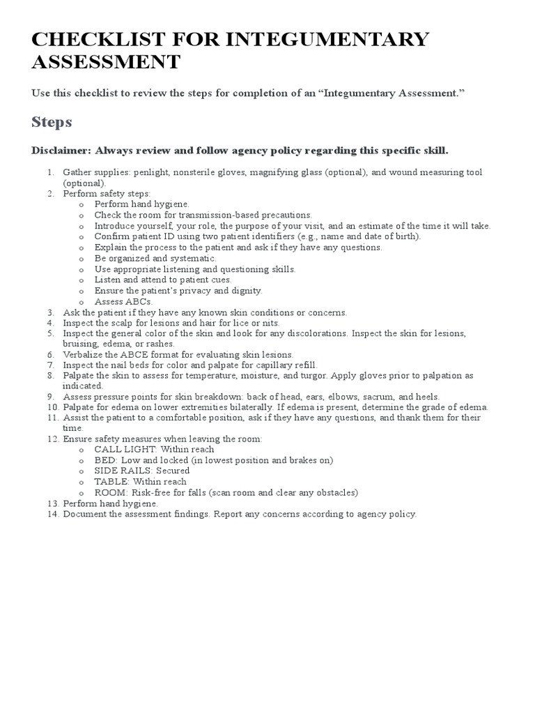 Checklist For Integumentary Assessment 1 | PDF
