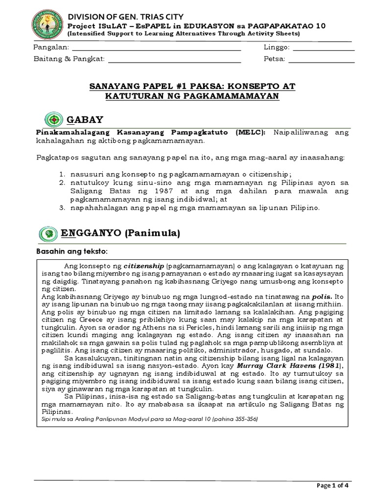 Q4 LAS - AP - G10 - Week 1 | PDF