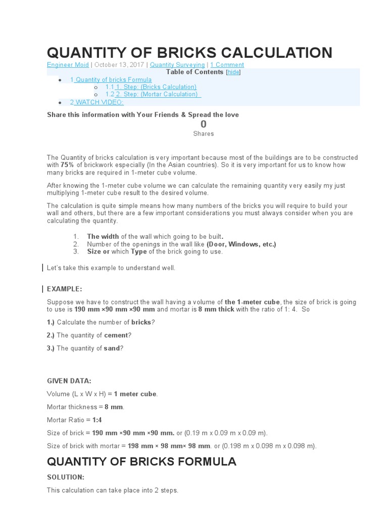 Quantity of Bricks | PDF | Volume | Brick