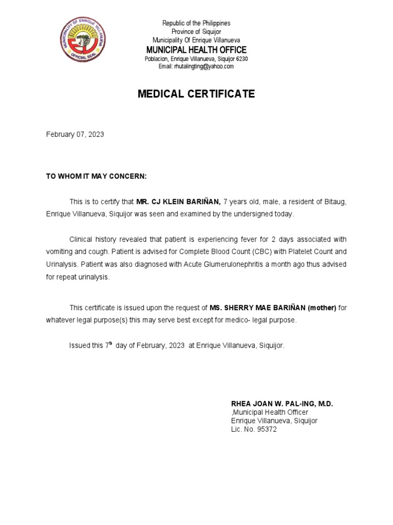 MEDICAL CERTIFICATE Diagnosis | PDF