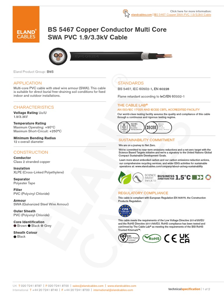 Bs 5467 Copper Conductor Multi Core Swa PVC 1 9 3 3kv Cable | PDF | Electrical Wiring ...