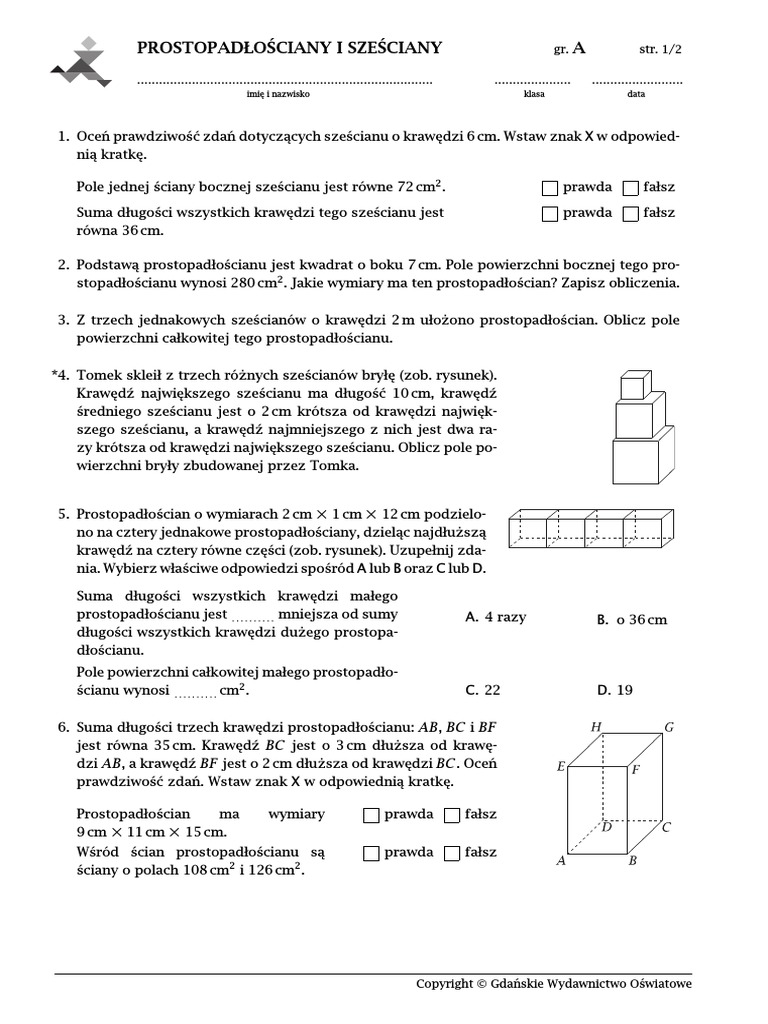 Klasa 6. Figury przestrzennePROSTOPADLOSCIANY I SZESCIANY | PDF
