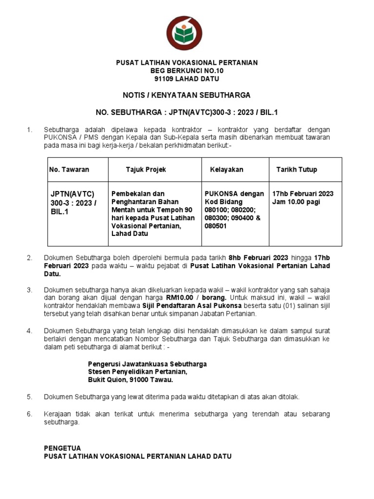 AVTC Iklan SEBUT HARGA Bil 1. 2023 | PDF