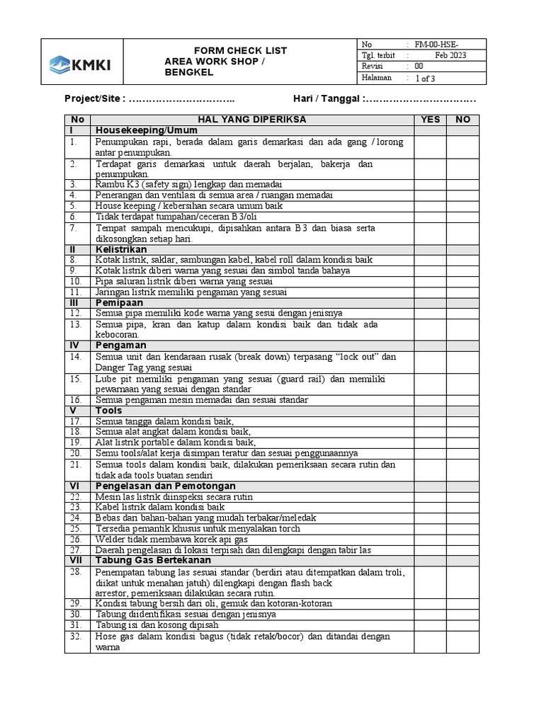 Form No FM 00 She 062 Inspeksi Workshop Rev 0 PDF Free | PDF