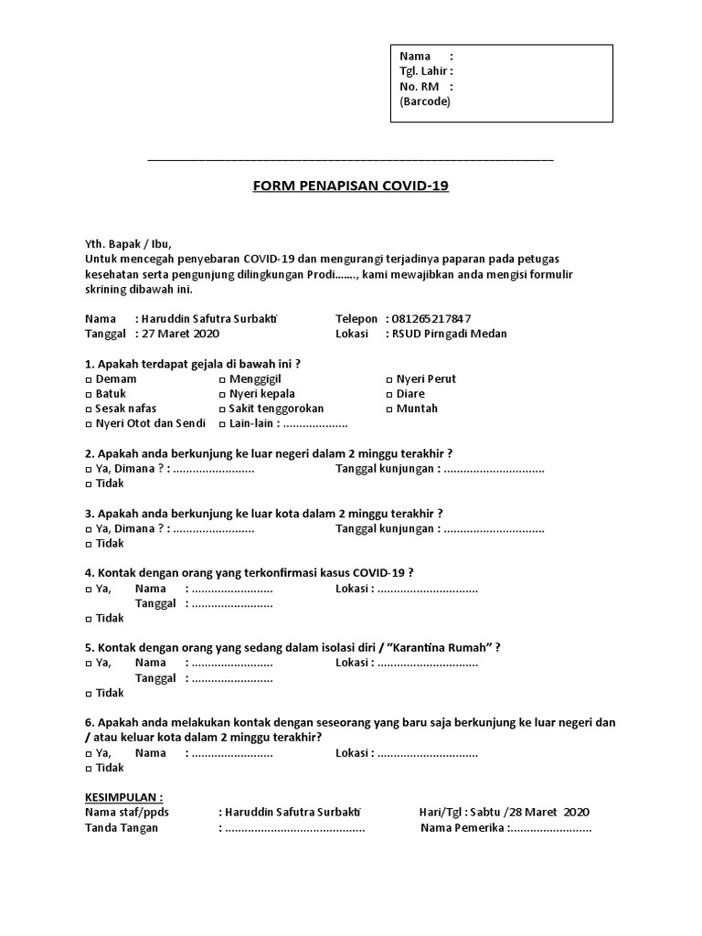 FORM PENAPISAN Umum COVID DR Haruddin | PDF